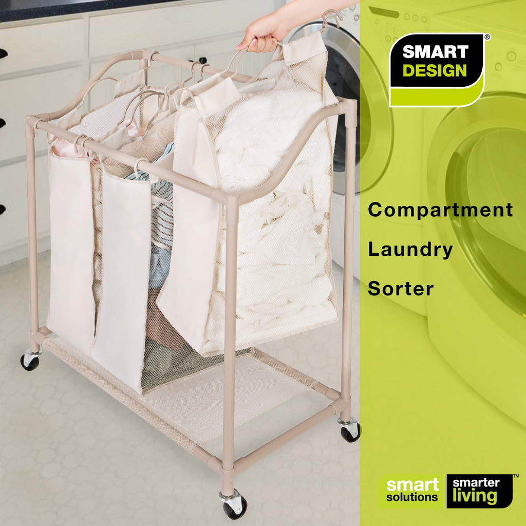 Deluxe Rolling Triple-Compartment Laundry Sorter Hamper with Wheels ...